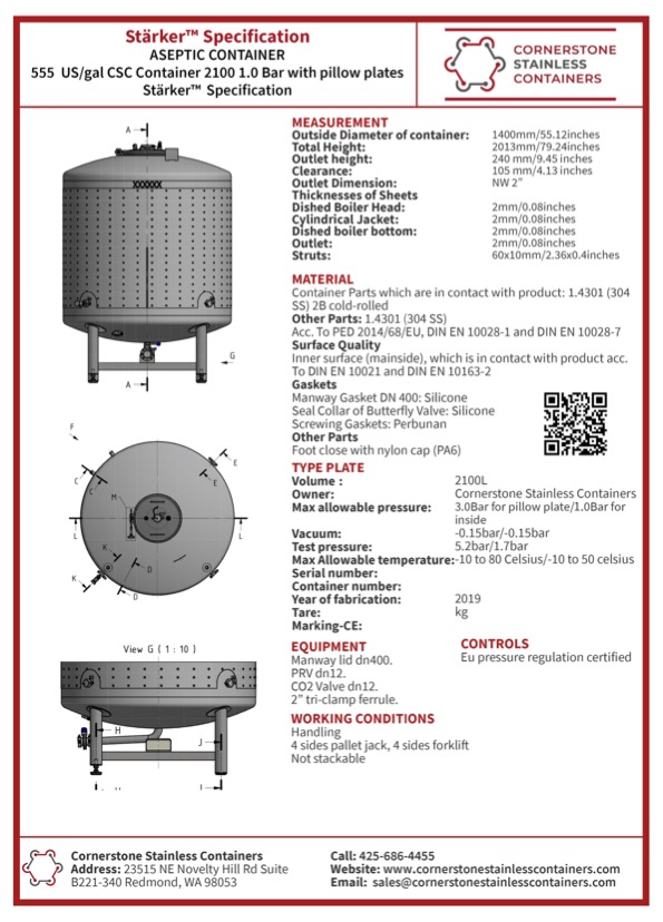 Cornerstone Tank: 555 Gallon Starker Jacketed Container - Silver State ...